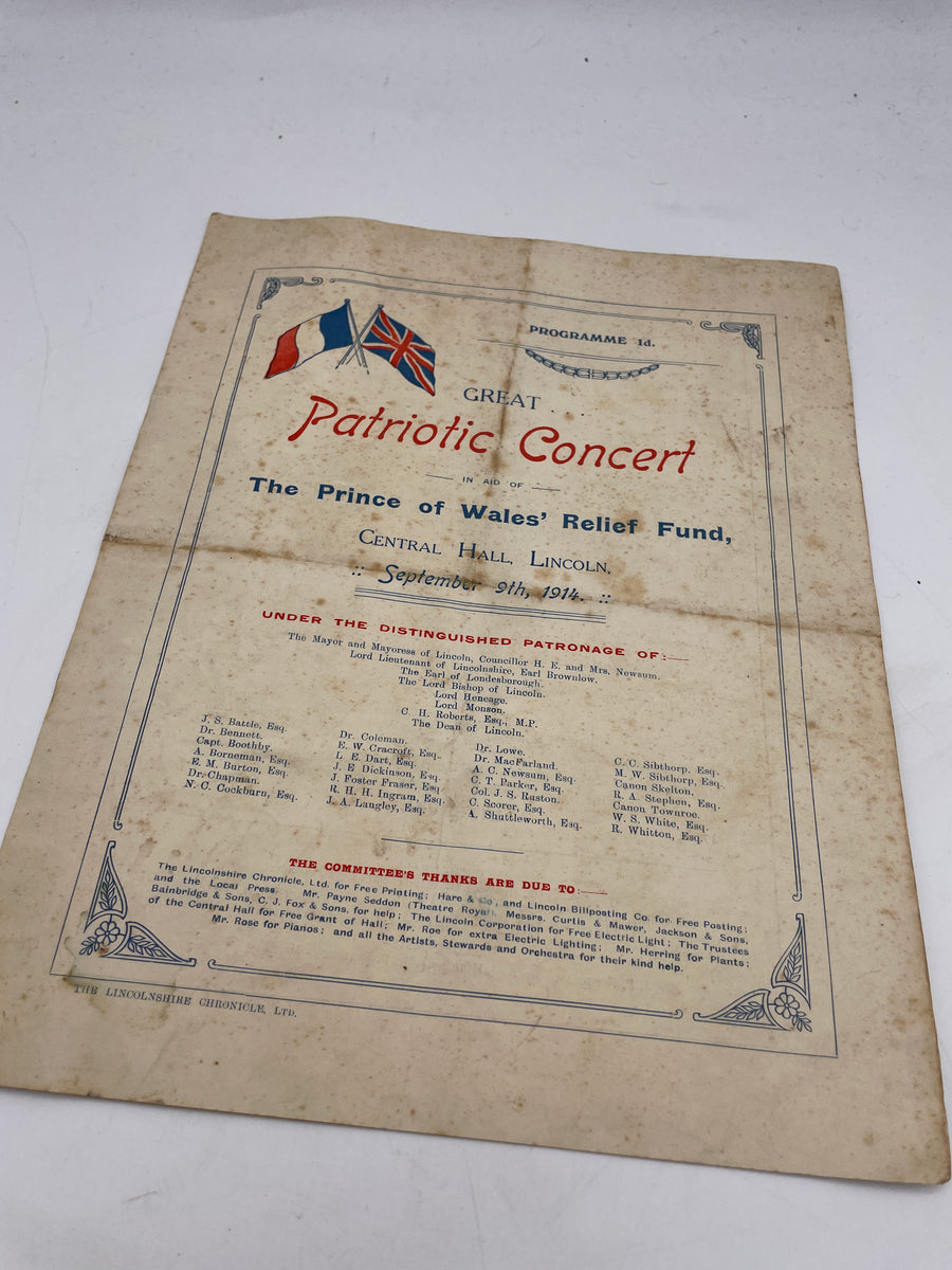 Original World War One "Patriotic Concert" Programme, September 1914 ...