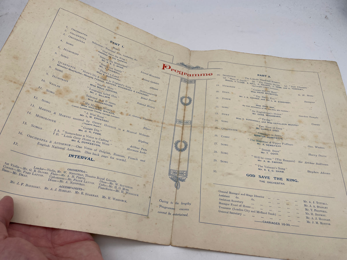 Original World War One "Patriotic Concert" Programme, September 1914 ...